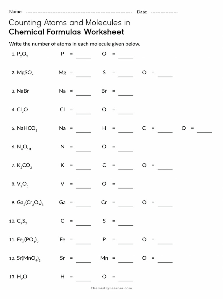 Counting Atoms and Molecules in Chemical Formulas Worksheet With Answer ...