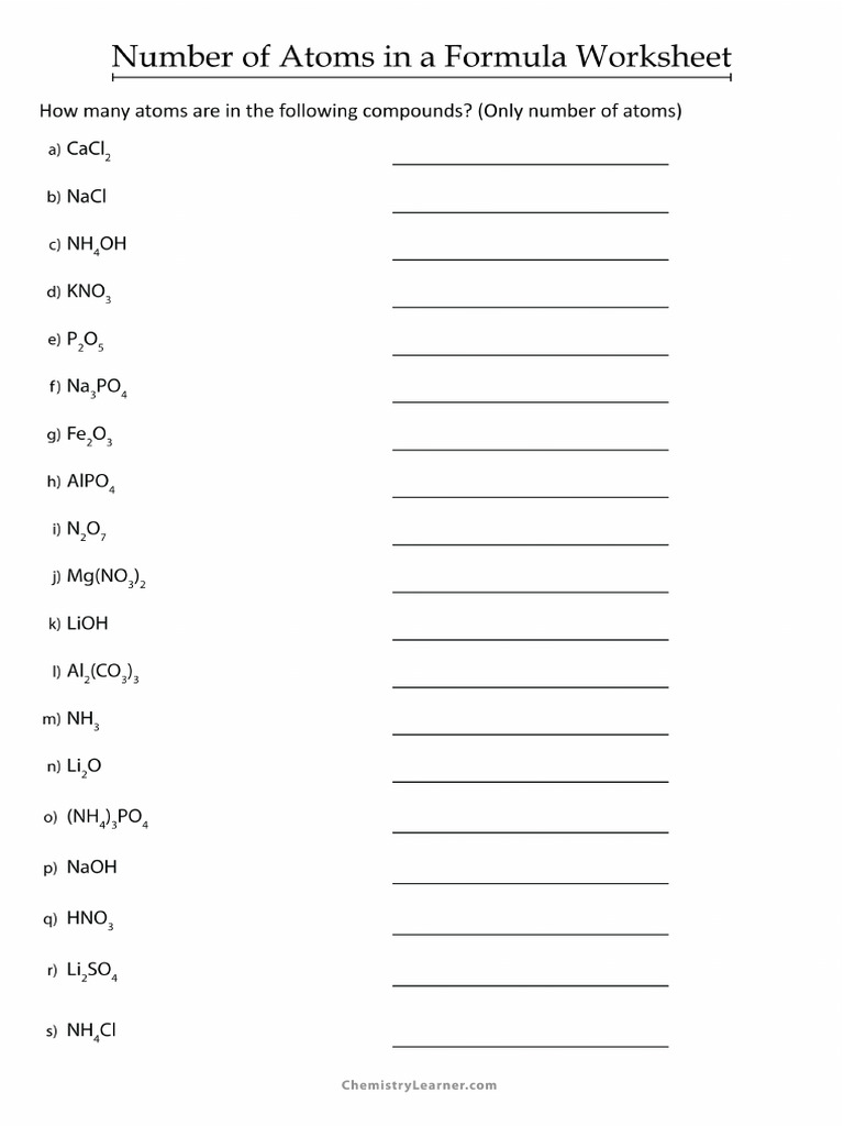 Number of Atoms in A Formula Worksheet With Answers | PDF