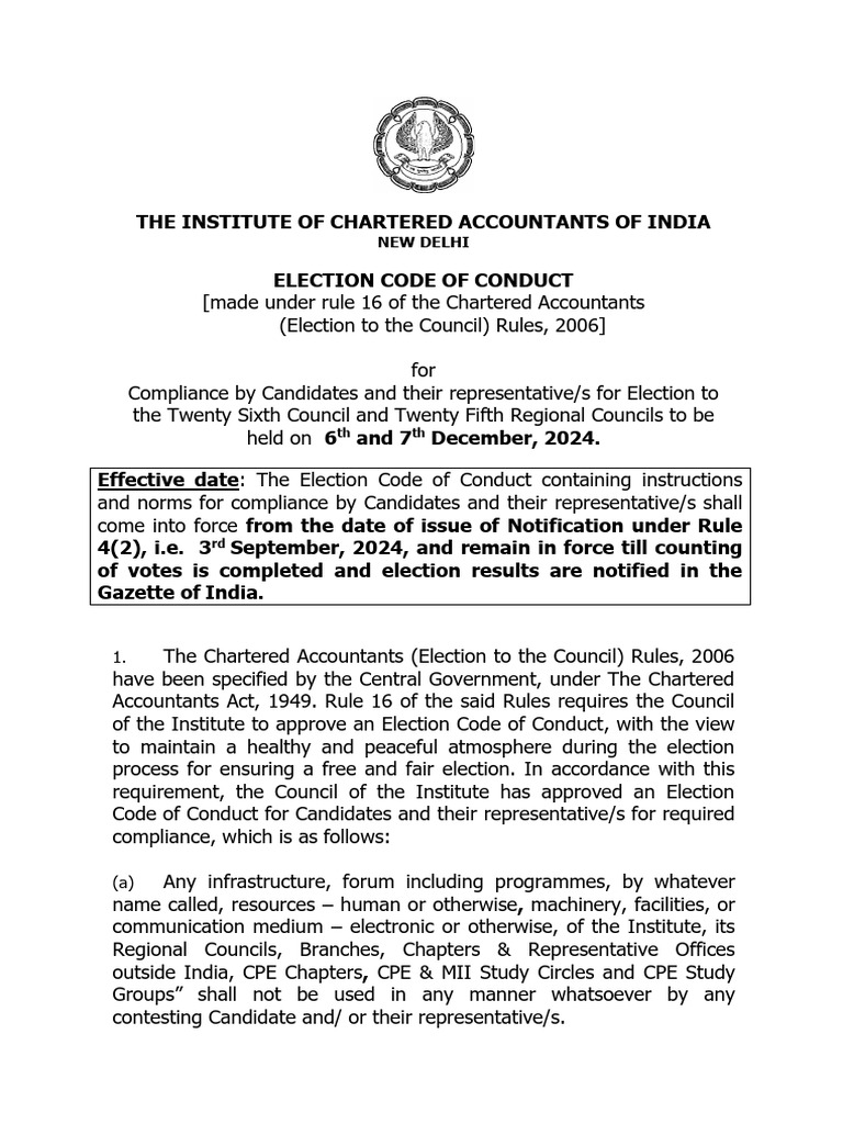 Code of Conduct - ICAI, Election, 2024 | PDF | Political Campaigns ...