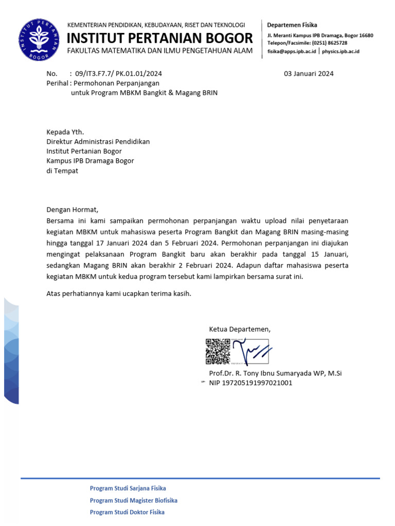 Permohonan Perpanjangan Utk Program MBKM Bangkit-Magang BRIN-signed | PDF