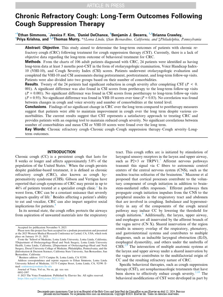 Chronic Refractory Cough Long-Term Outcomes Following CST | PDF