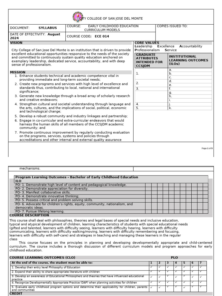 Ece 014 Early Childhood Education Curriculum | PDF