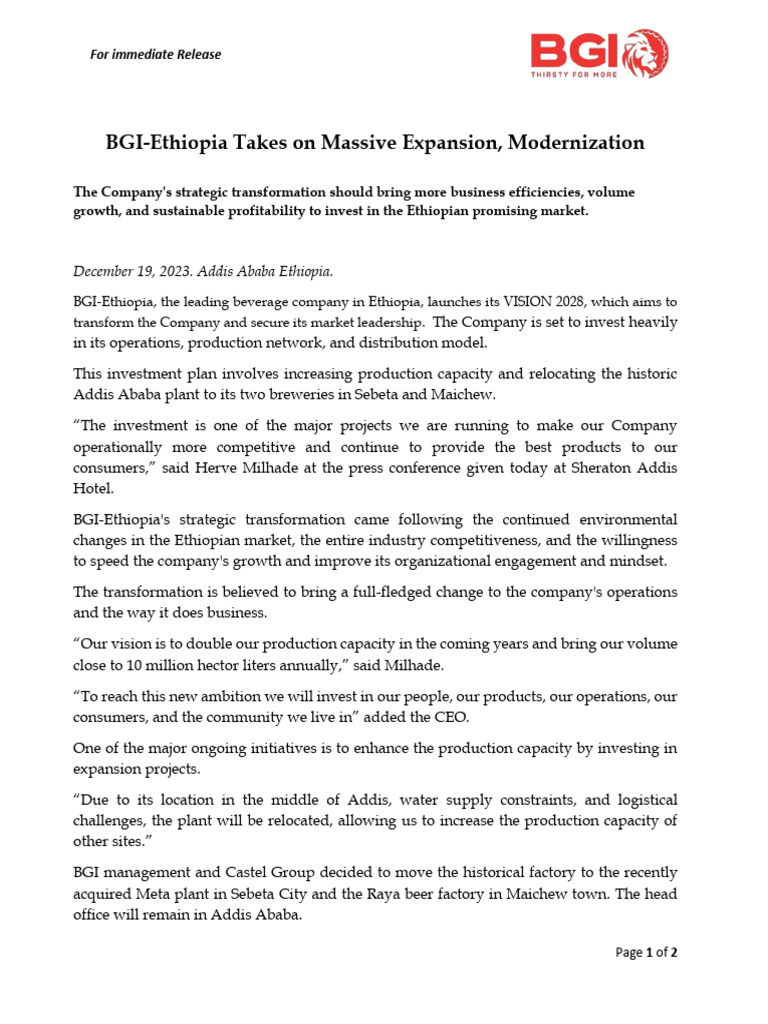 BGI-Ethiopia Takes On Massive Expansion, Modernization | PDF | Employment | Ethiopia
