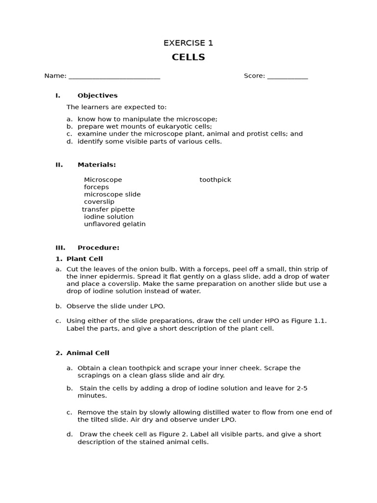 Lab1 Cells | PDF | Cell (Biology) | Microscope
