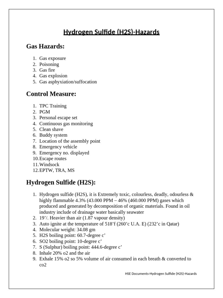 Hydrogen Sulfide (H2S)-Hazards | PDF
