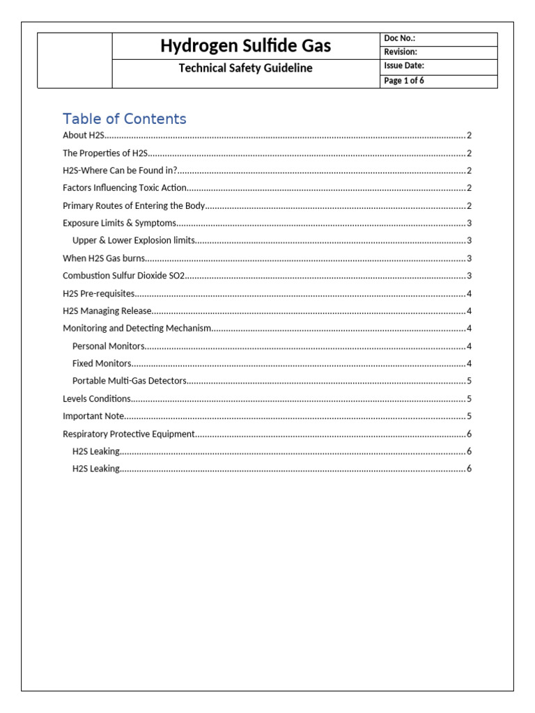 HSE Documents-Technical Guidline For Hydrogen Sulfide Gas (H2S) | PDF