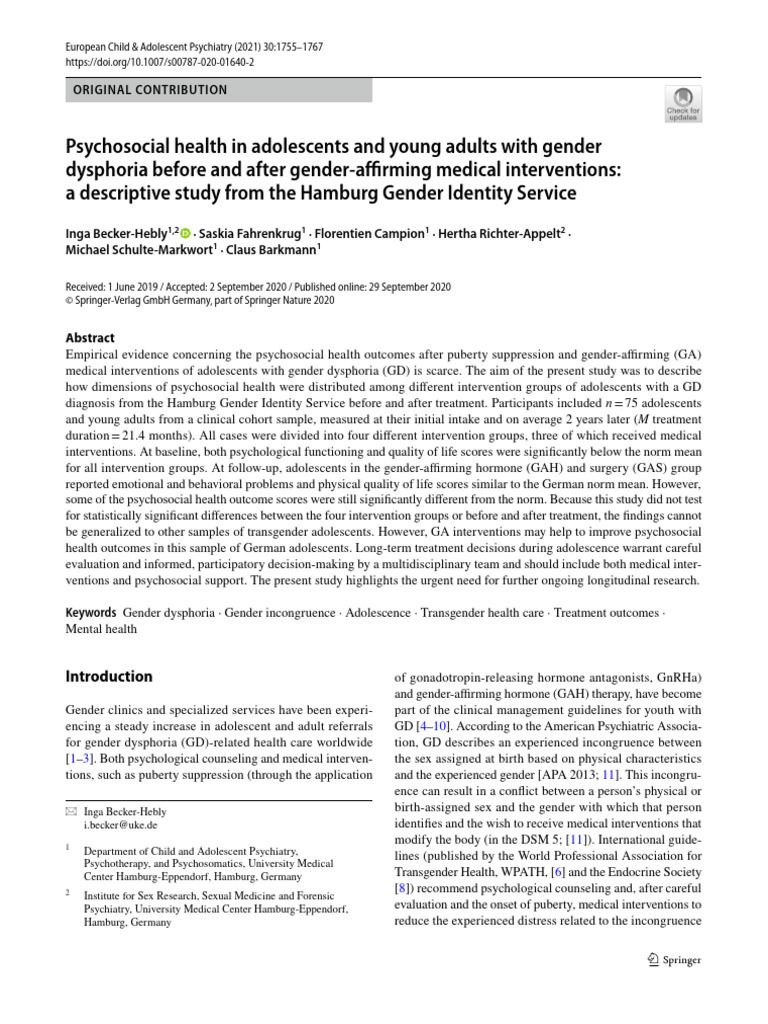 Psychosocial Health in Adolescents and Young Adults With Gender ...