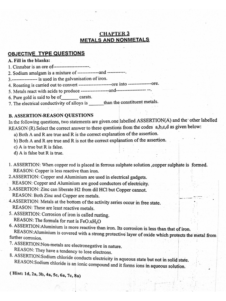 10th Metals and Non Metals Worksheet, 23-24 | PDF