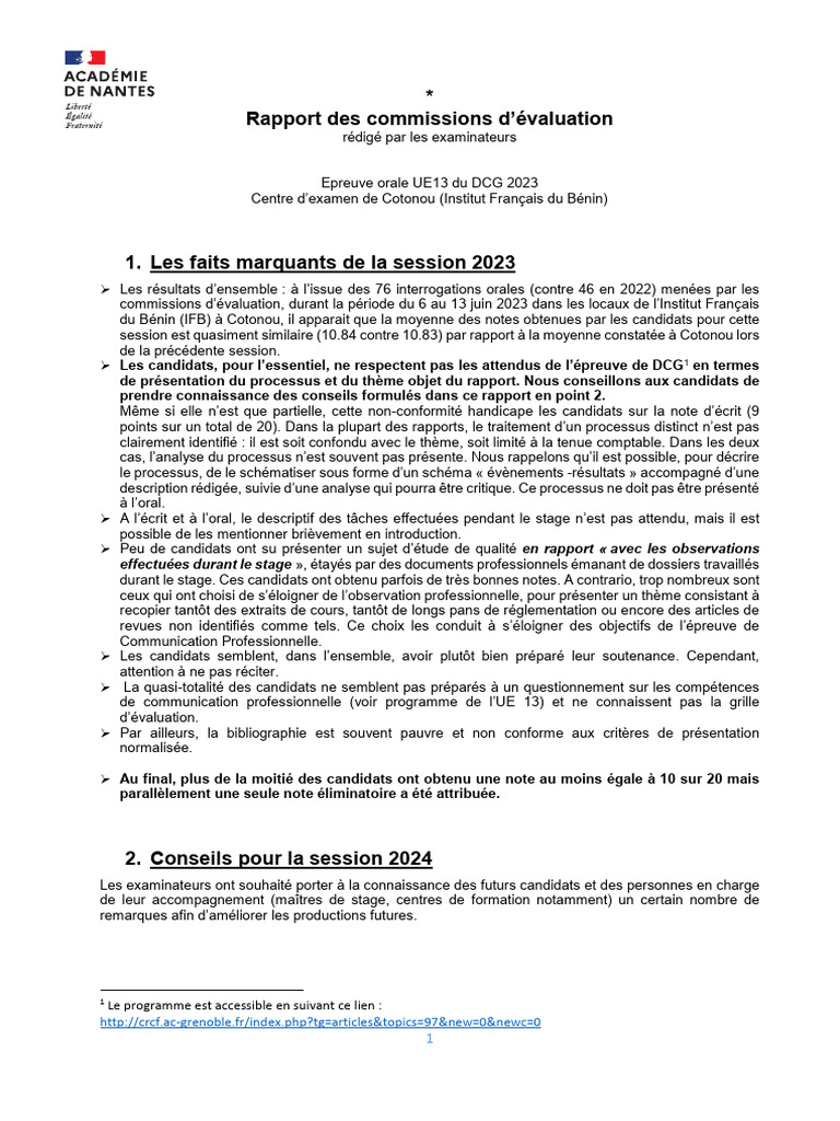 2023 - Rapport Des Commissions de l'UE13 Bénin DCG 2023 | PDF