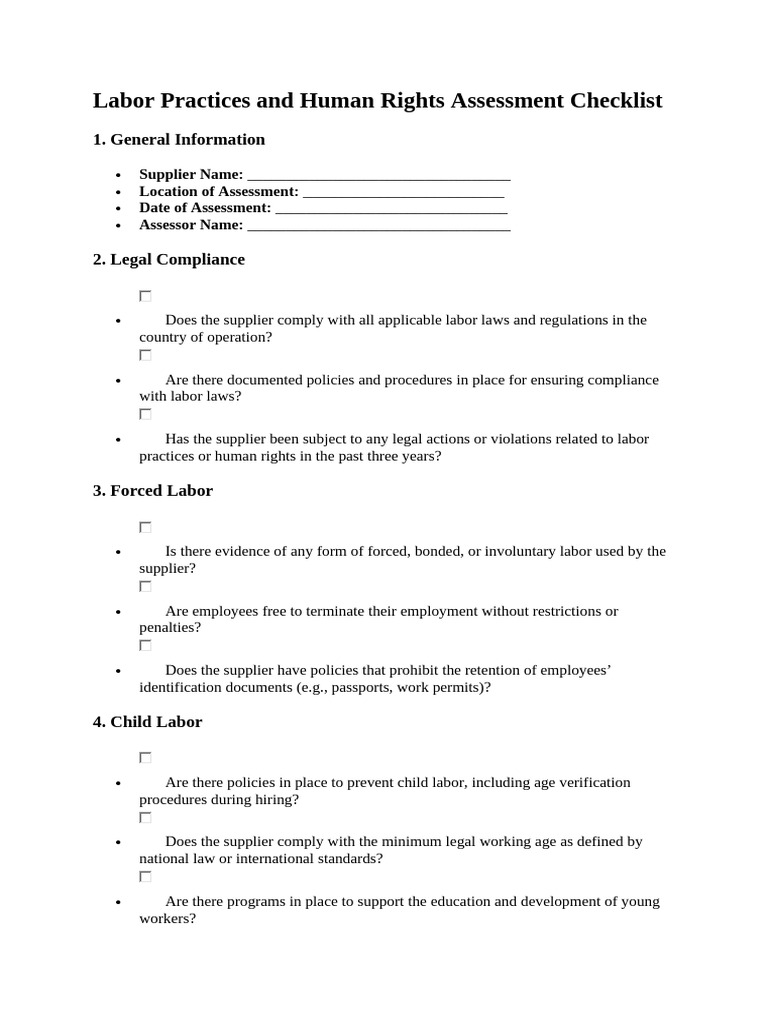 Labor Practices and Human Rights Assessment Checklist | PDF