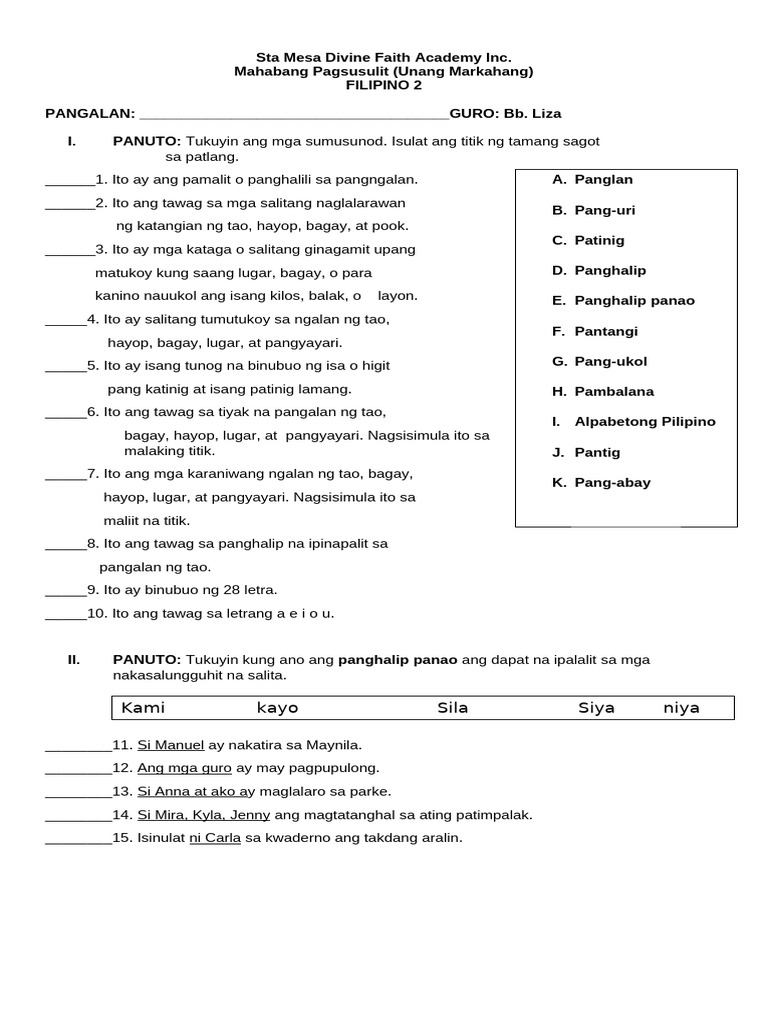 1ST Periodical Exam Grade 2 Filipino | PDF