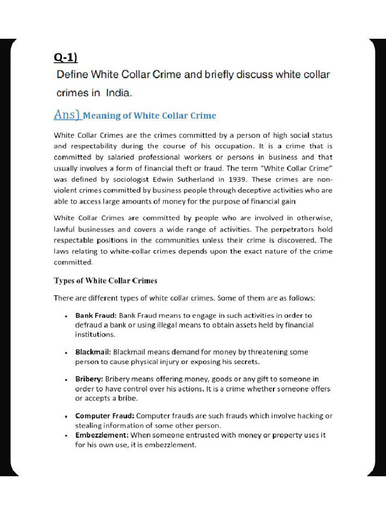 White Collar Crime English Notes | PDF