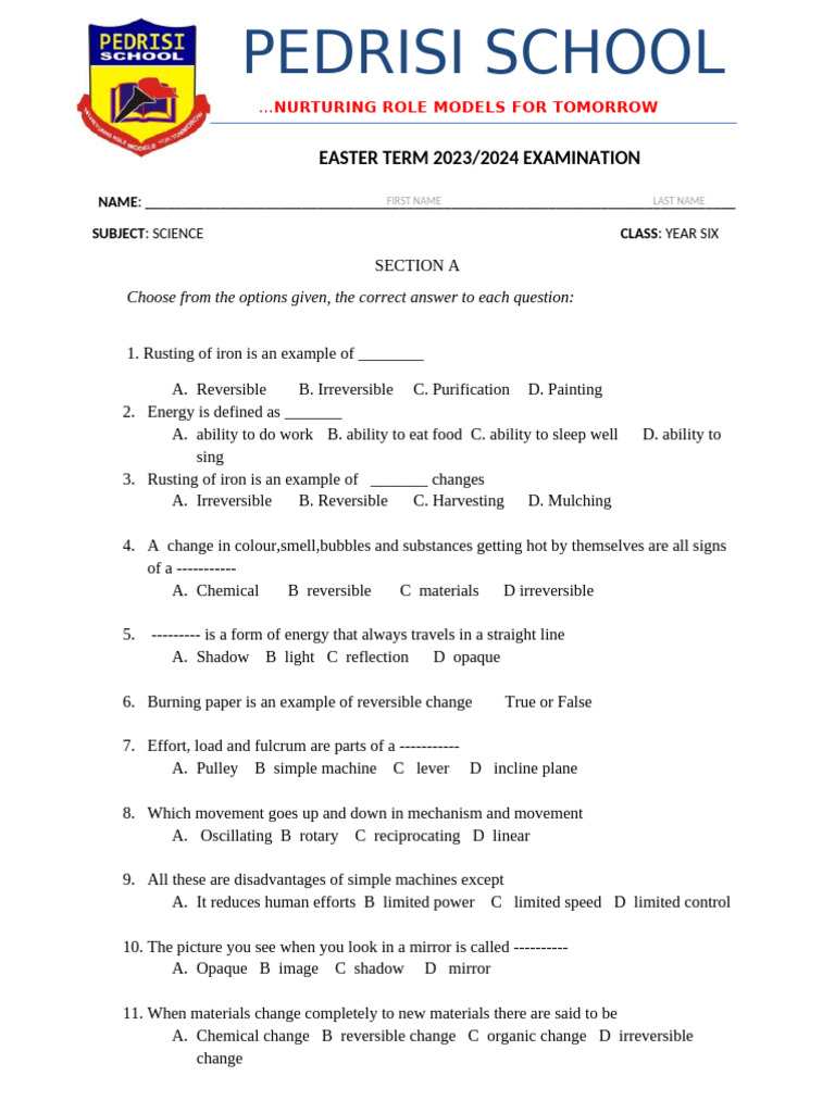 Year 6 Science Exam Questions (Revised) - 100318 | PDF