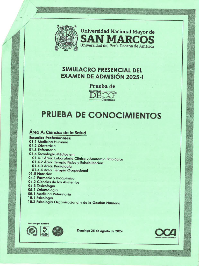 Simulacro de Admisión 2025-I Prueba de Conocimientos Área A | PDF