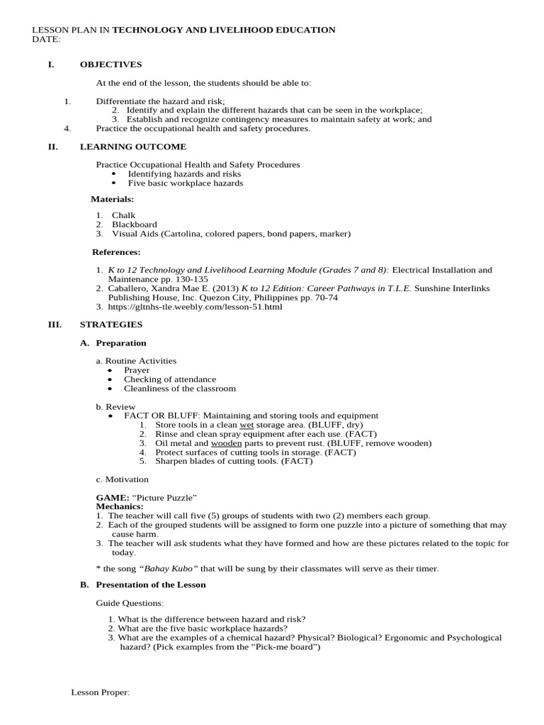 Lesson Plan in Identifying Hazards and Risks | PDF | Hazards ...