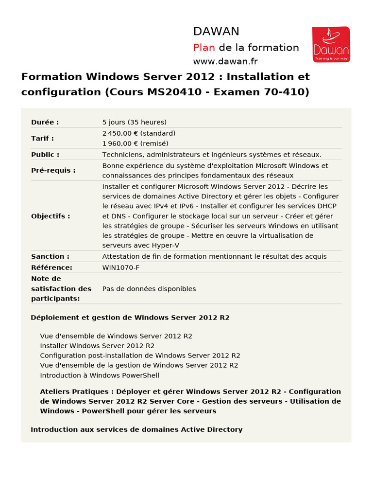 Windows Server 2012 Installation Et Configuration (Cours ms20410 Examen 70 410) | PDF