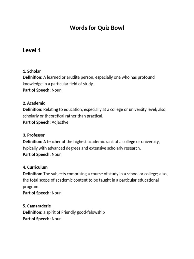 Words For Quiz Bowl | PDF | Part Of Speech | Noun