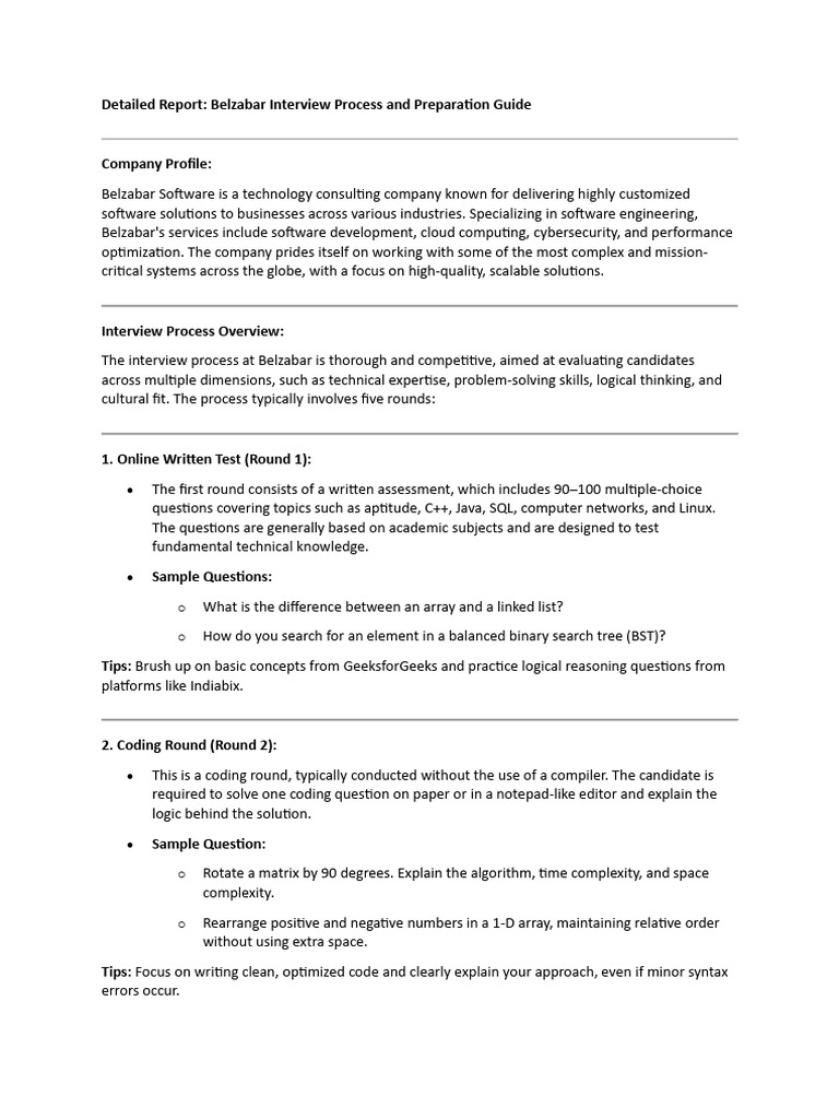 Belzabar Interview Process and Preparation Guide | PDF | Computer Programming | Algorithms