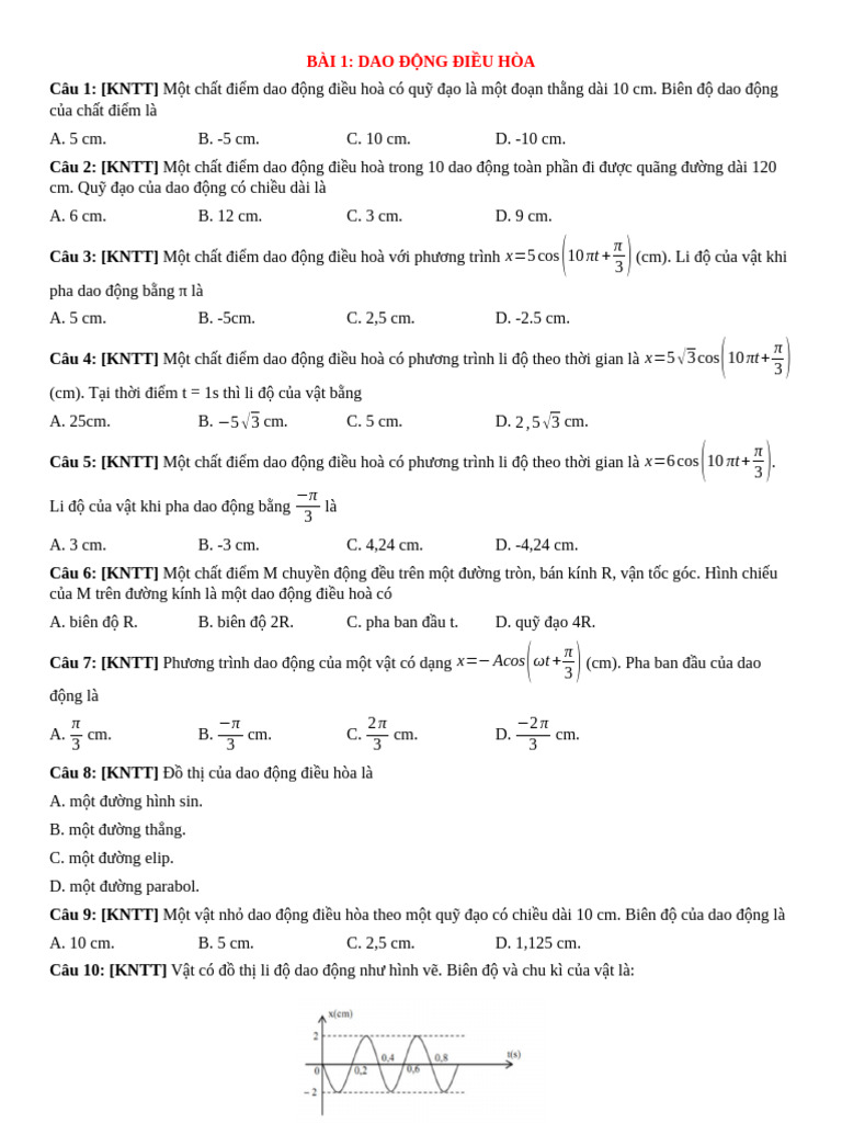 BÀI 1 - DAO ĐỘNG ĐIỀU HÒA (SBT) | PDF
