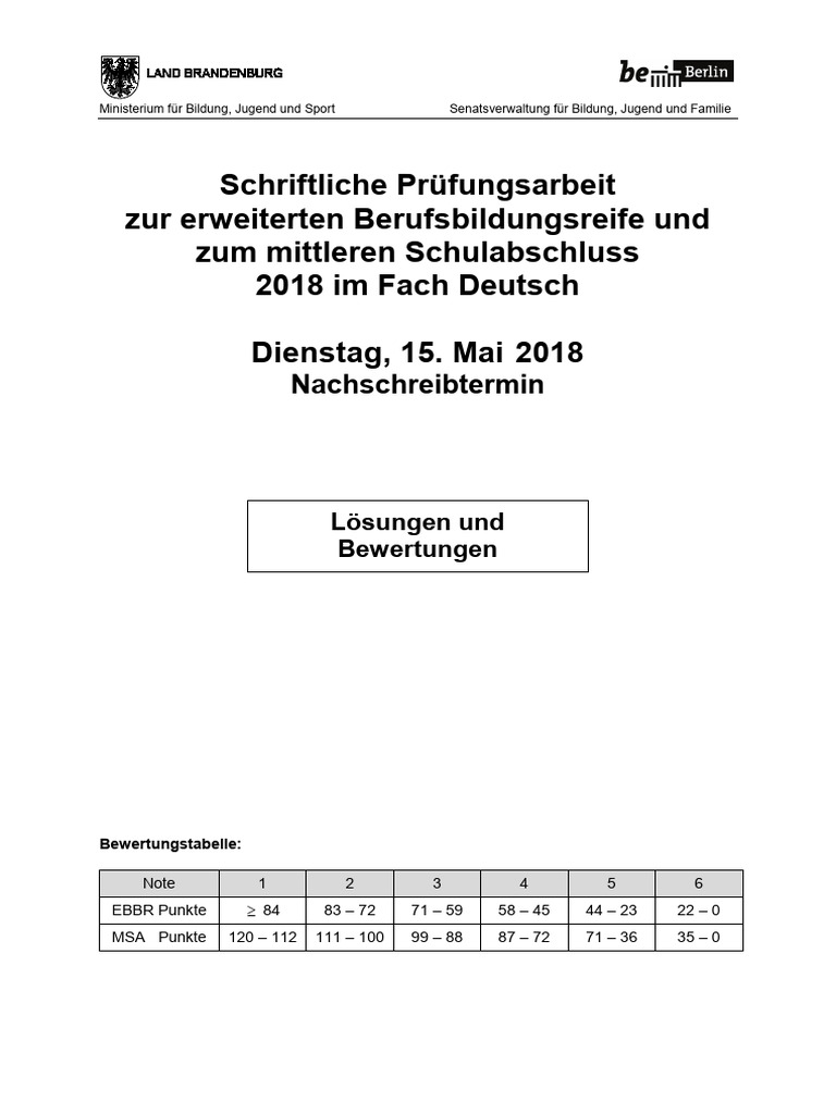MSA Deutsch 2018 Nachschreiber Loesungen | PDF