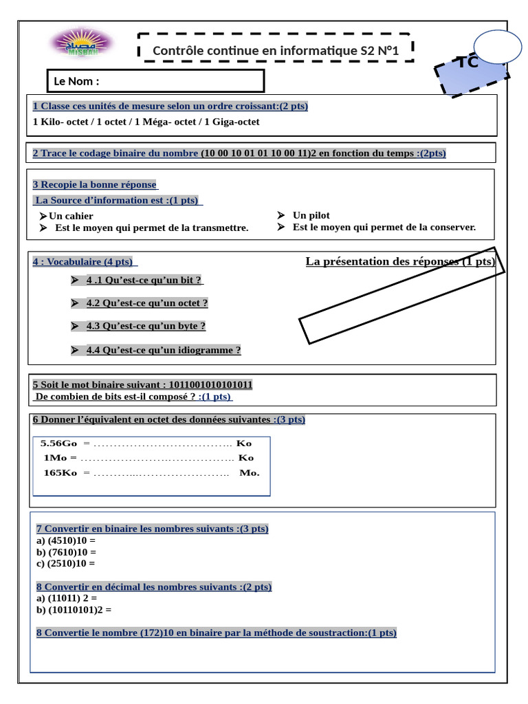 TC Controle n1 Exemple 1 Binaire | PDF