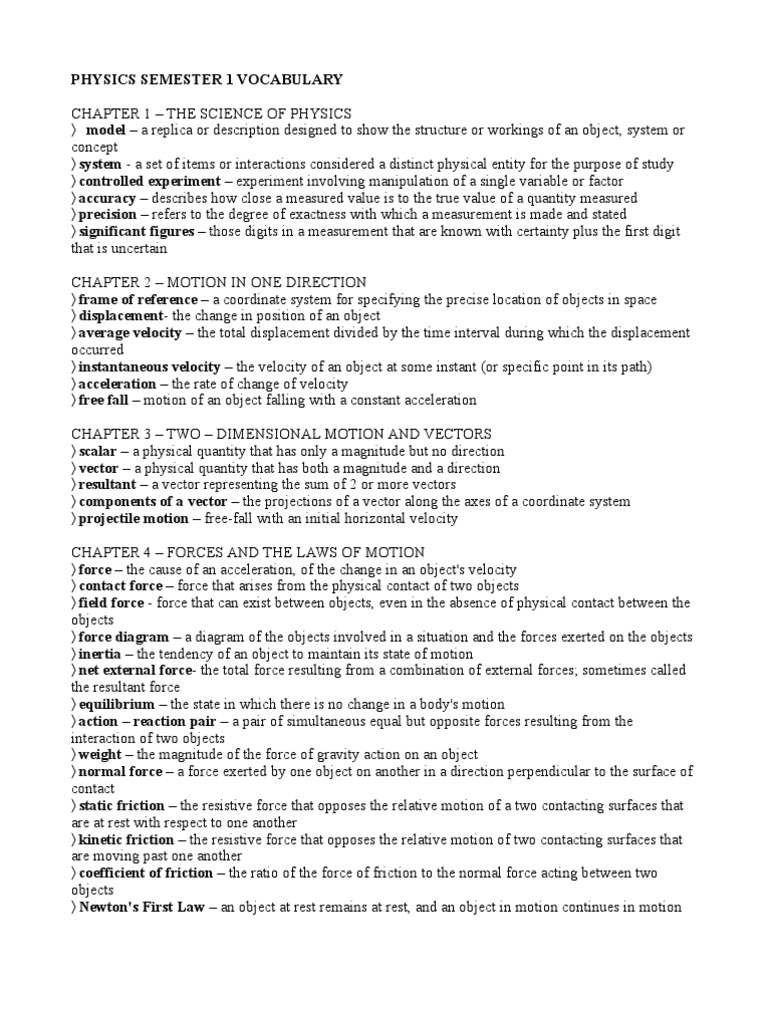Physics Semester 1 Vocabulary | PDF | Collision | Force