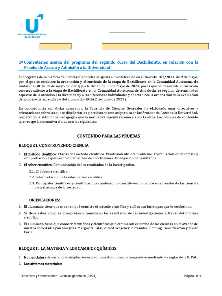 Sel 2023-2024-Orientaciones Ciencias Generales | PDF