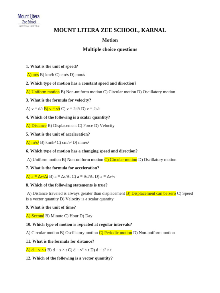 MCQs on Motion for Class 9 with Answers | PDF
