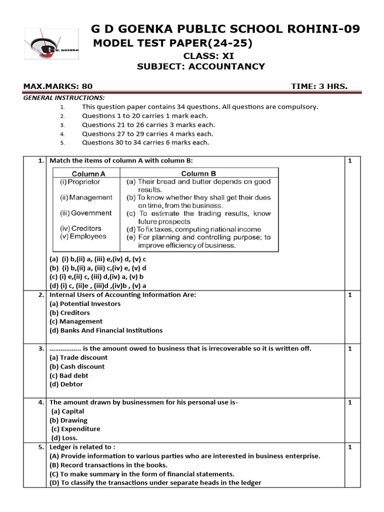 G D Goenka Public School Rohini-09: Model Test Paper (24-25) | PDF