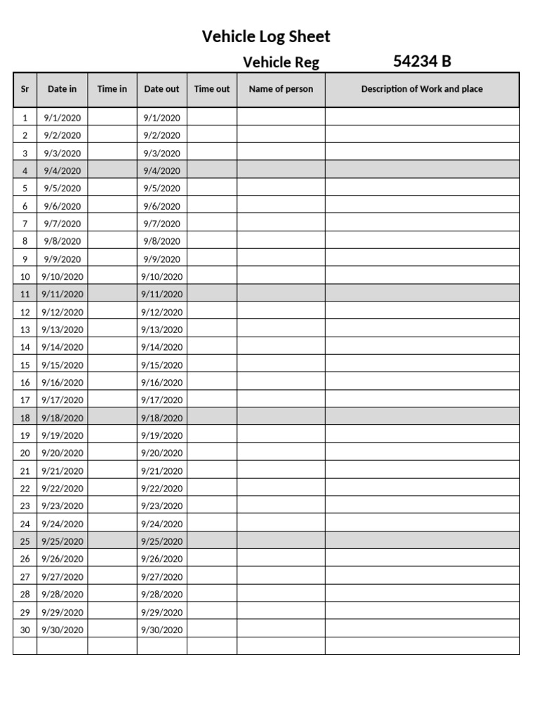 Vehicle Log Sheet | PDF