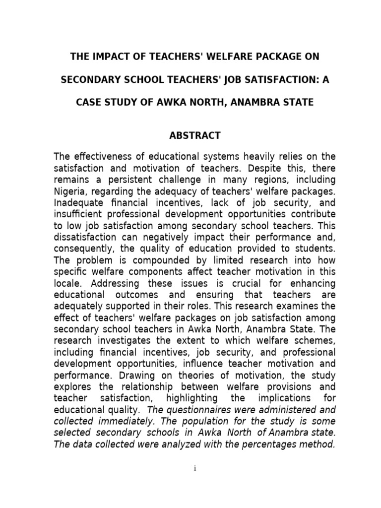 The Impact of Teachers' Welfare Package On Secondary School Teachers' Job Satisfaction A Case ...