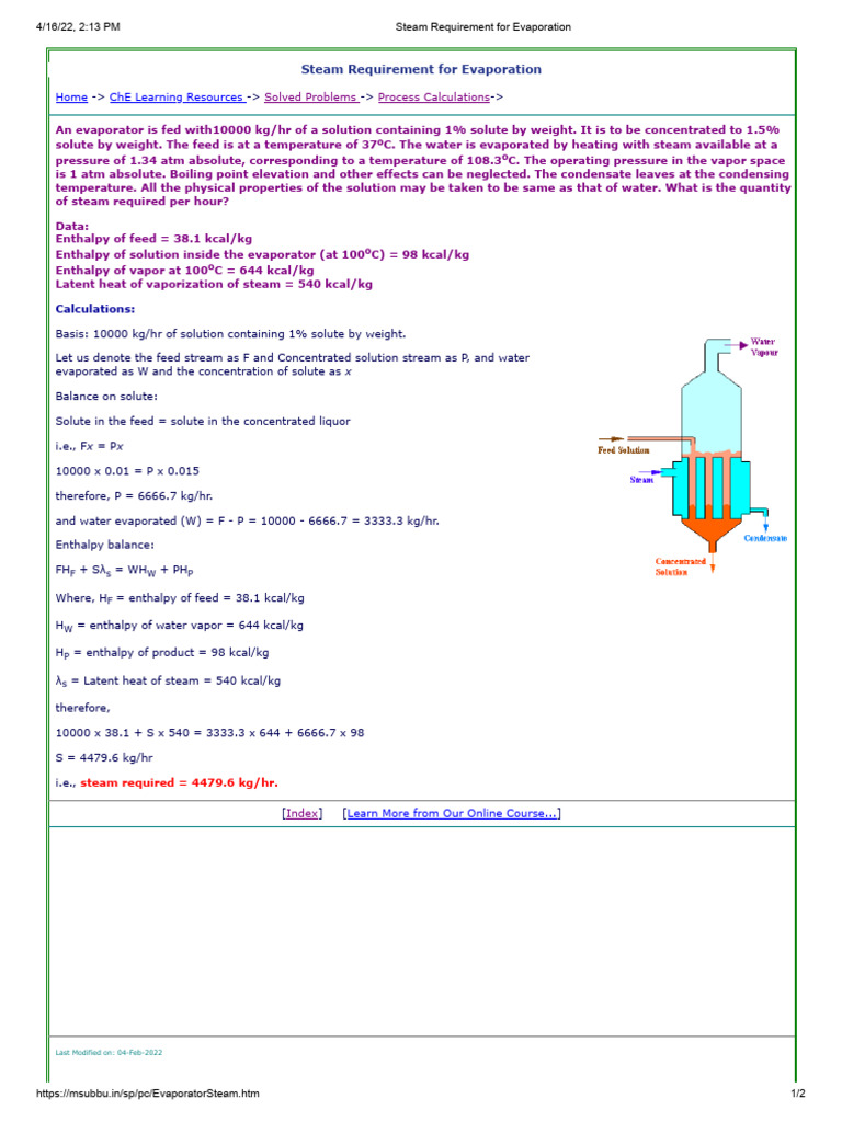 Steam Requirement for Evaporation | PDF