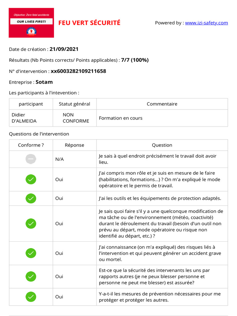 Feu Vert Sécurité: 21/09/2021 7/7 (100%) xx6003282109211658 Sotam | PDF