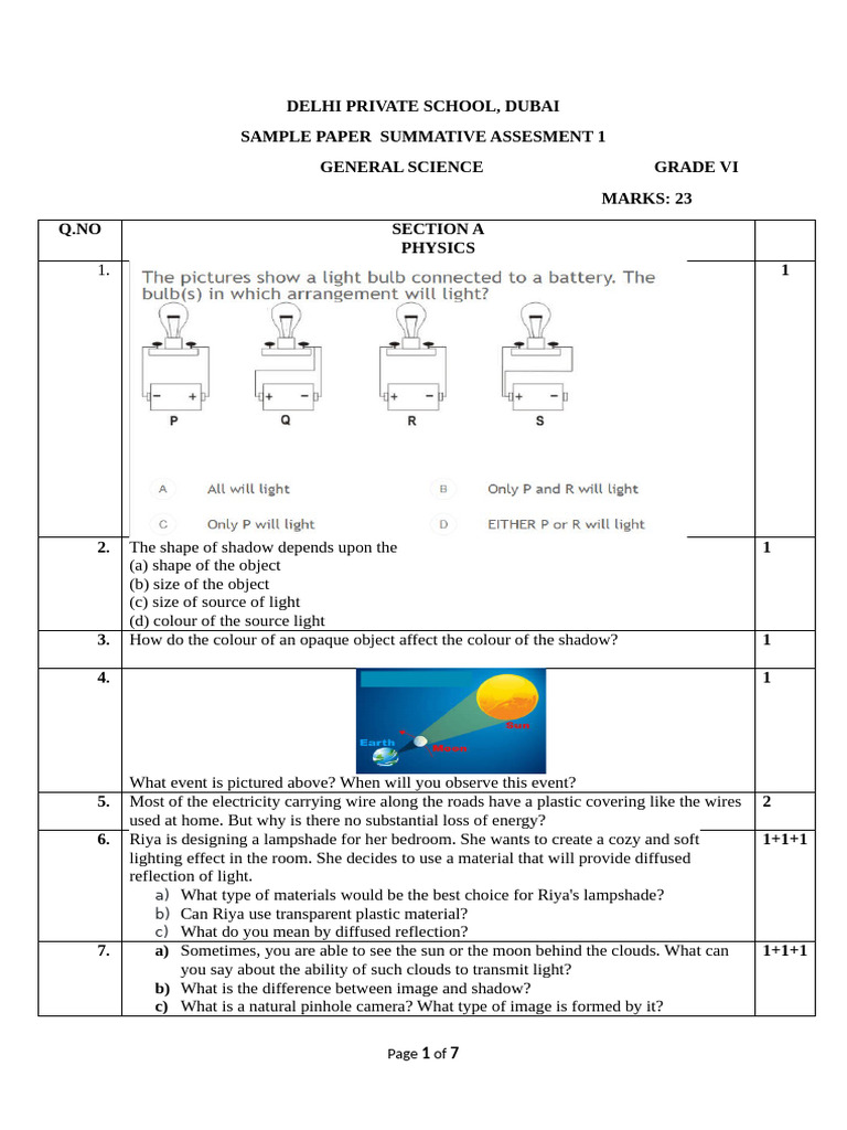 GR 6 SCIENCE SUMMATIVE ASSESMENT 1 SAMPLE PAPER | PDF