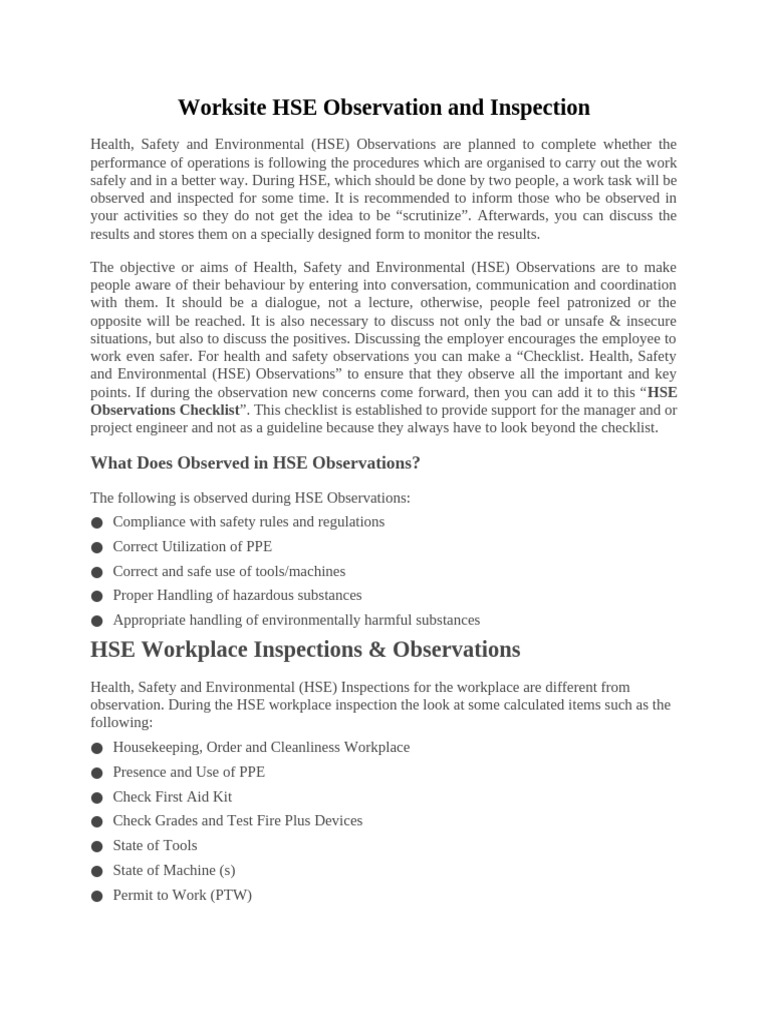 Worksite HSE Observation and Inspection | PDF