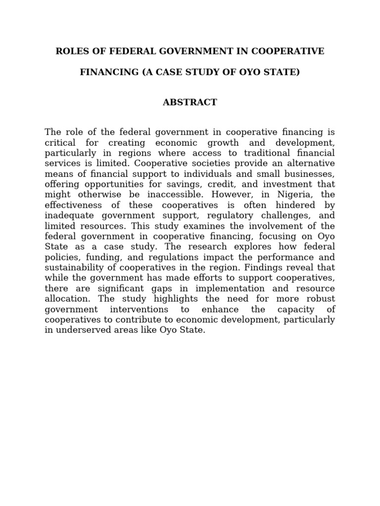 Roles of Federal Government in Cooperative Financing (A Case Study of ...