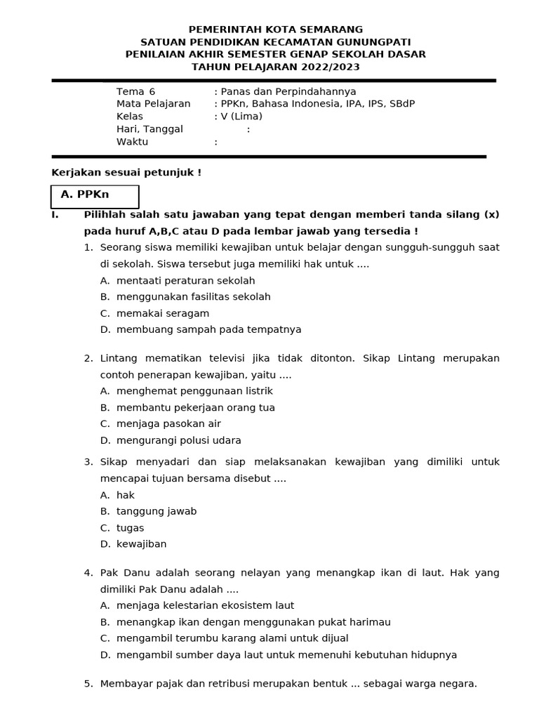 1 Soal PAT Tema 6 Kelas 5 | PDF