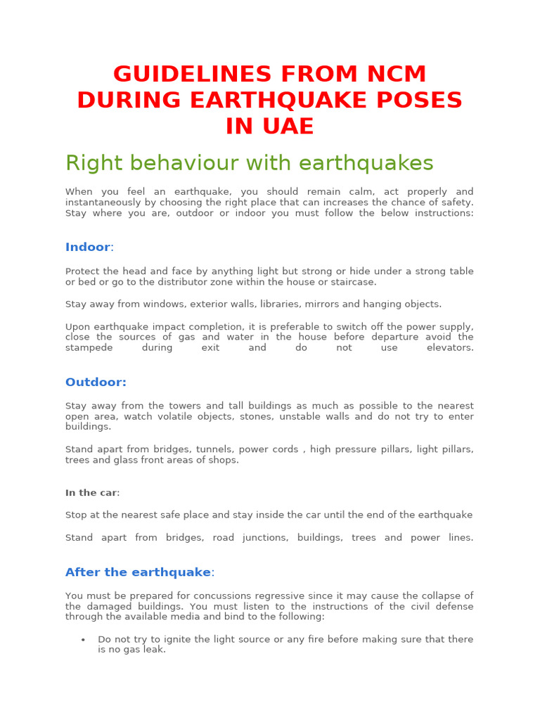 Guidelines From NCM During Earthquake Poses in Uae | PDF
