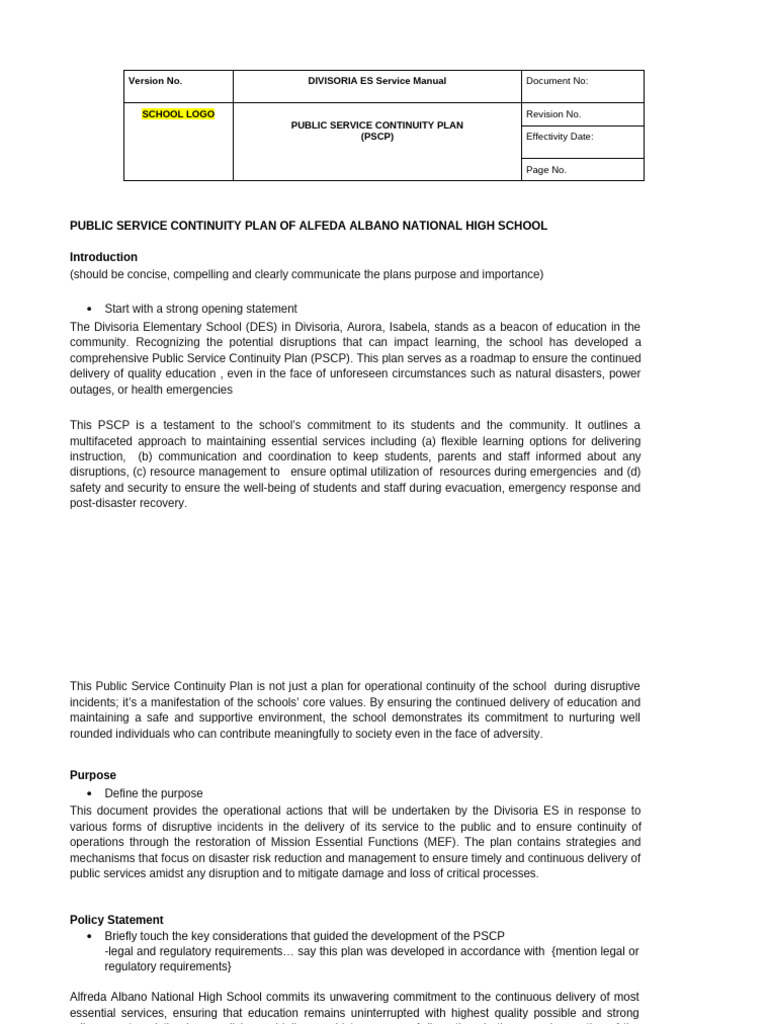 Public Service Continuity Plan of Alfreda Albano National High School | PDF