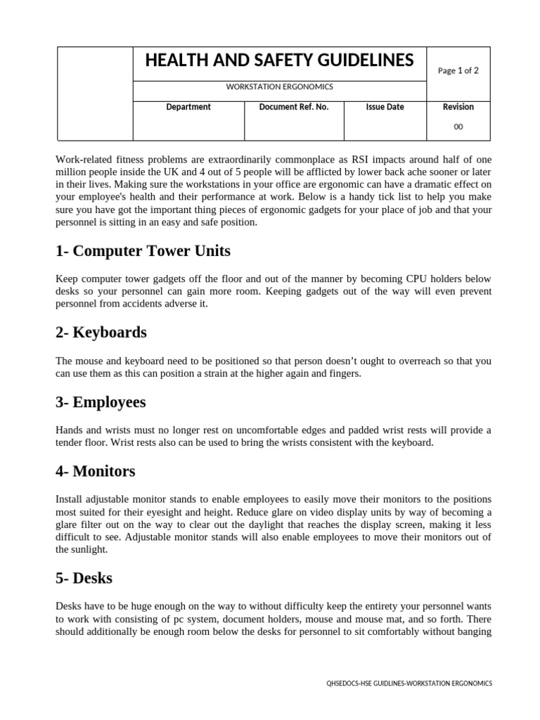 Health and Safety Guidelines For Workstation Ergonomics | PDF
