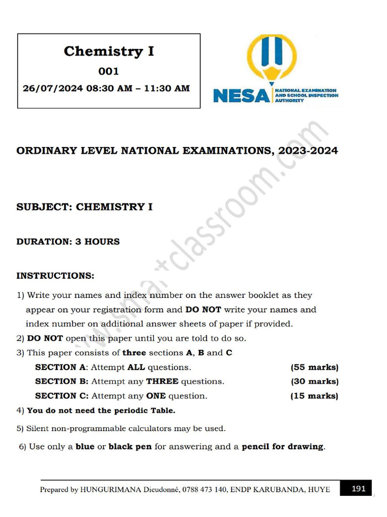 Ol Chemistry National Examinations 2023-2024 and Its Marking Guide | PDF