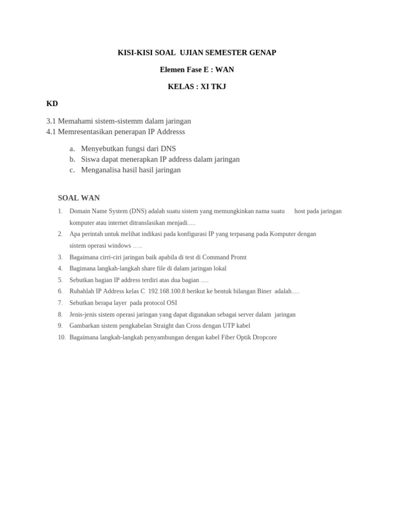 Kisi Kisi Soal Wan Kelas Xi TKJ Semster Genap 2023 | PDF