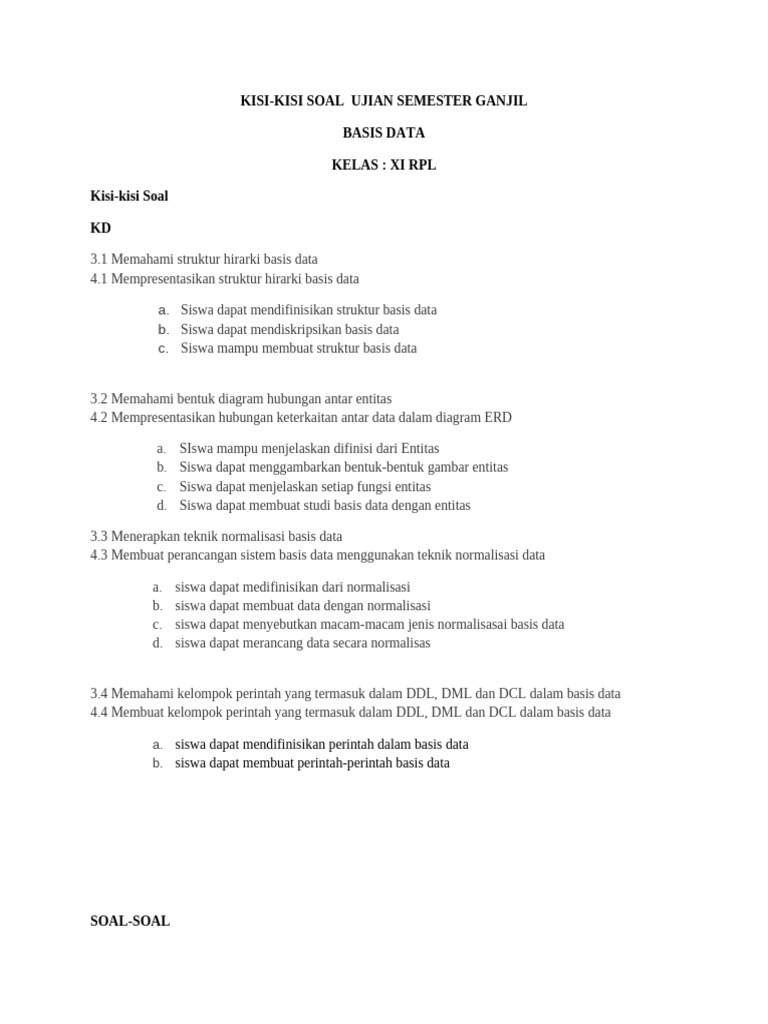Kisi Kisi Soal Basis Data Kelas Xi RPL Semster Genap 2022 | PDF