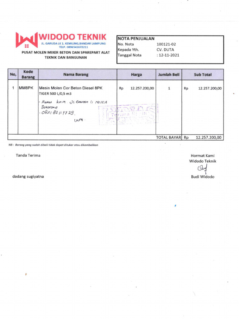 Nota Alat Cv. Duta | PDF