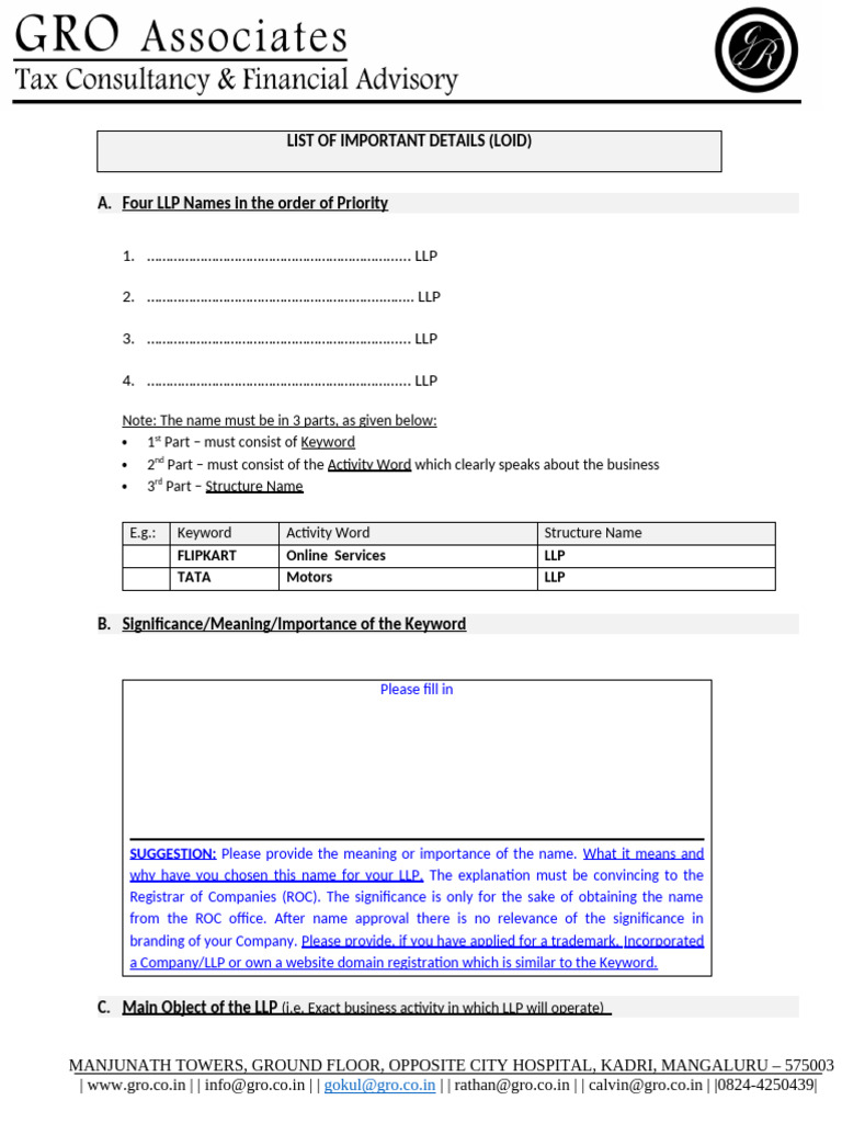 List of Important Details (LLP) - GRO | PDF