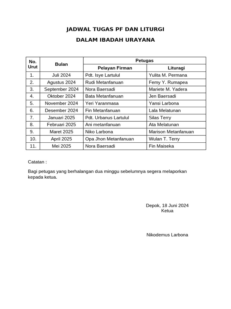 JADWAL TUGAS PF DAN LITURGI | PDF