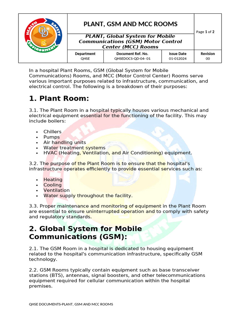 PLANT, GSM AND MCC ROOMS - GUIDELINES | PDF