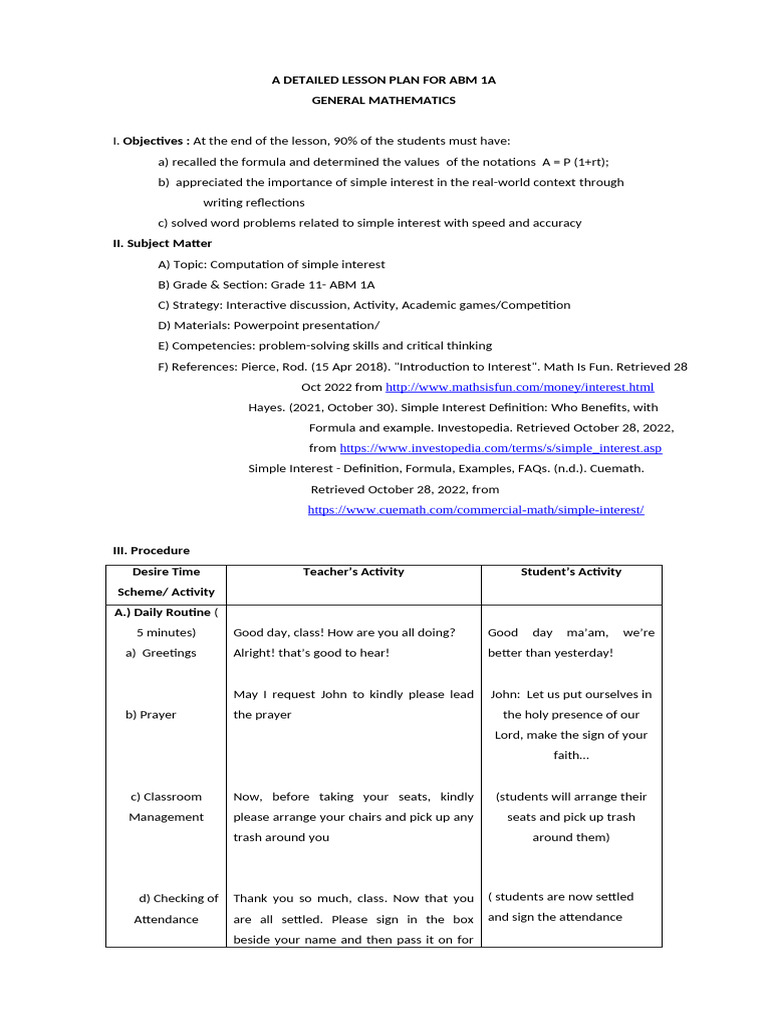 3rd Draft - A Detailed Lesson Plan For Abm 1a | PDF