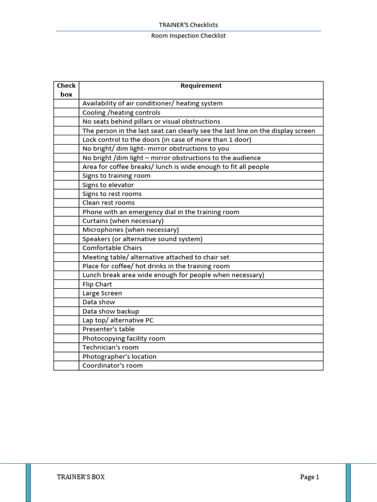TRAINING Room Inspection Checklist Example | PDF