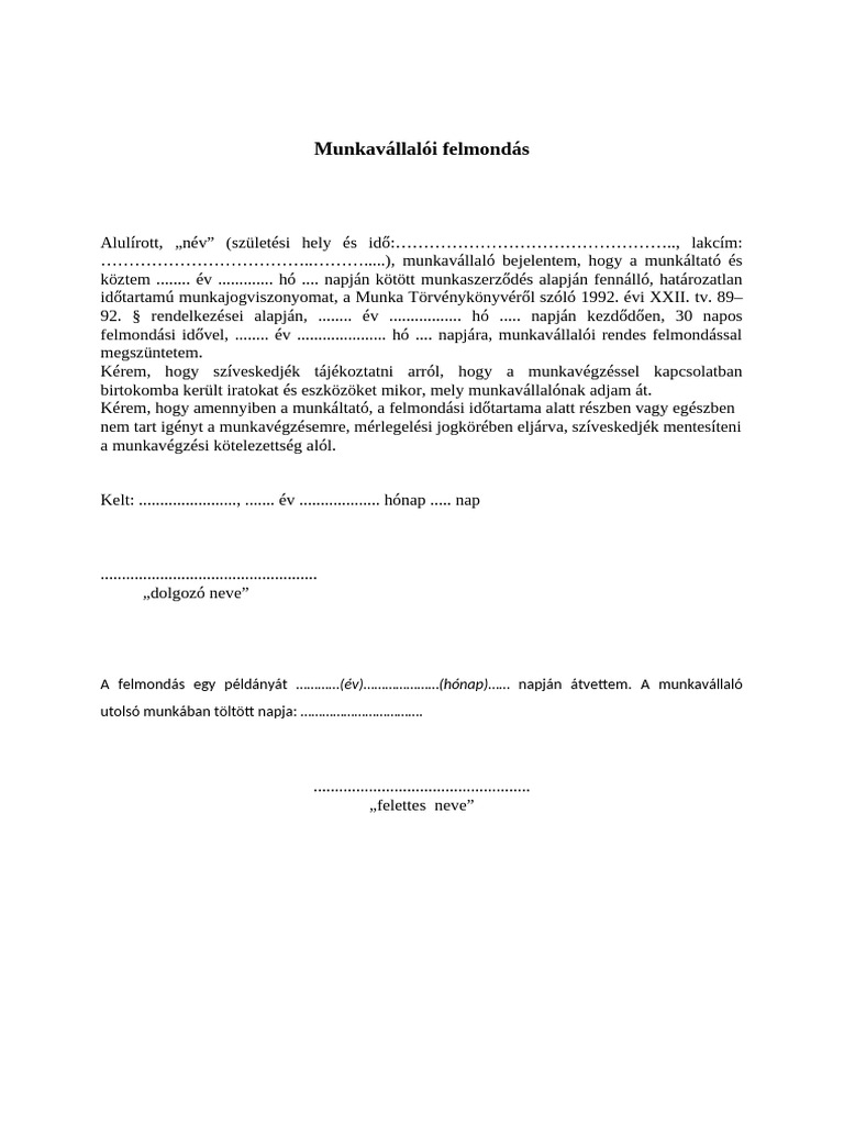 Munkavállalói Rendes Felmondás | PDF